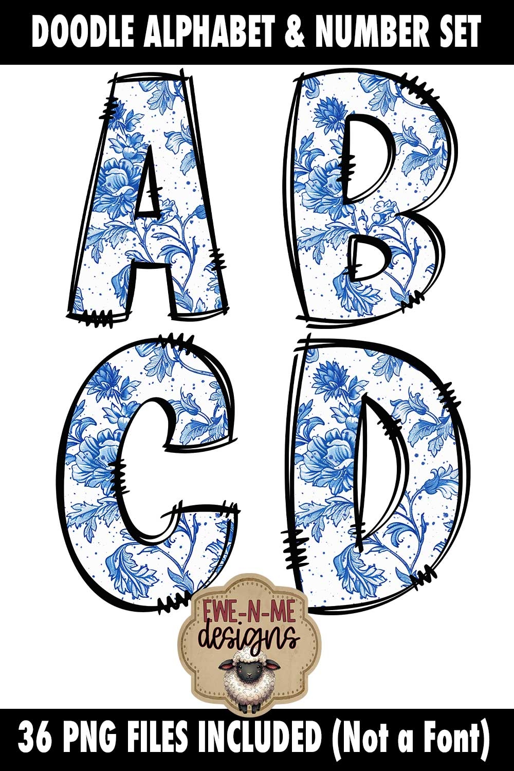 Blue Chinoiserie Doodle Alphabet Numbers | Toile PNG Files
