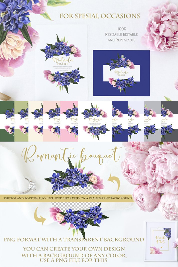 Wedding flower frame -Watercolor Romantic Flower Clipart.