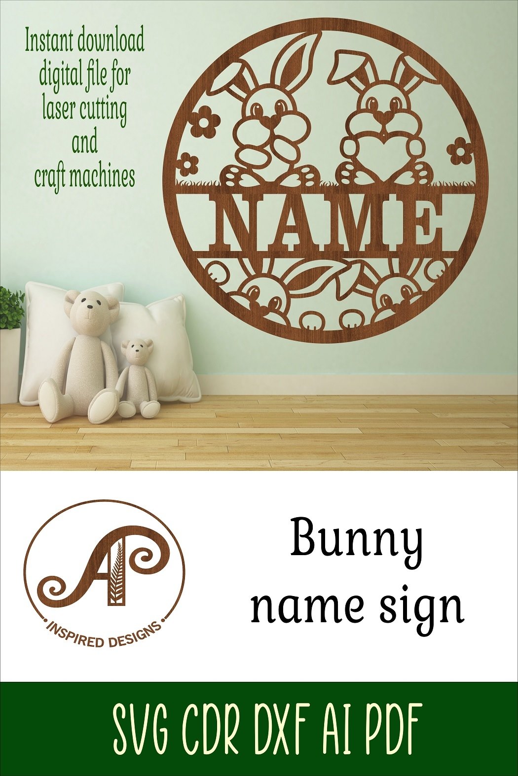 Bunny name sign svg laser cut template (2540402)