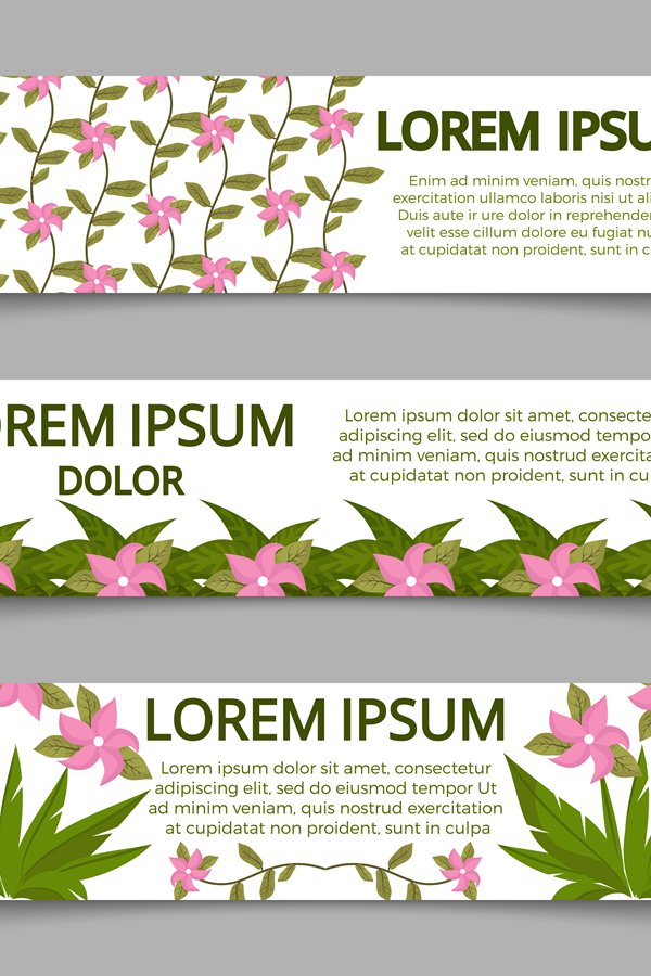 Green banners template with plants and flowers