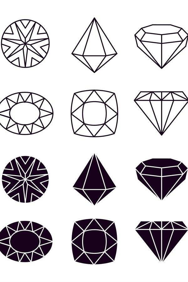 Diamonds icons. Geometric jewelry symbols, luxury brilliants