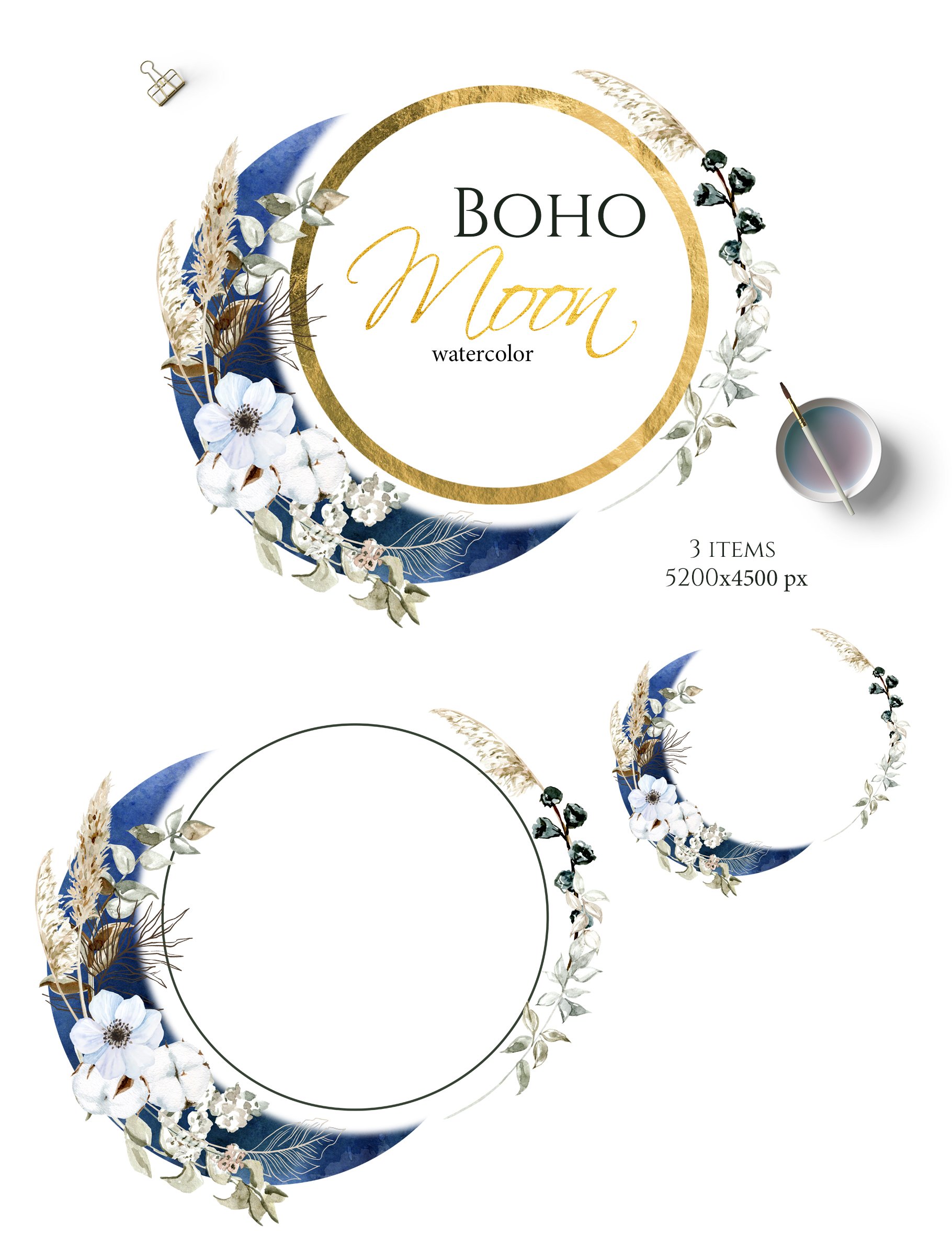 Boho Round Floral Frame with Blue Moon