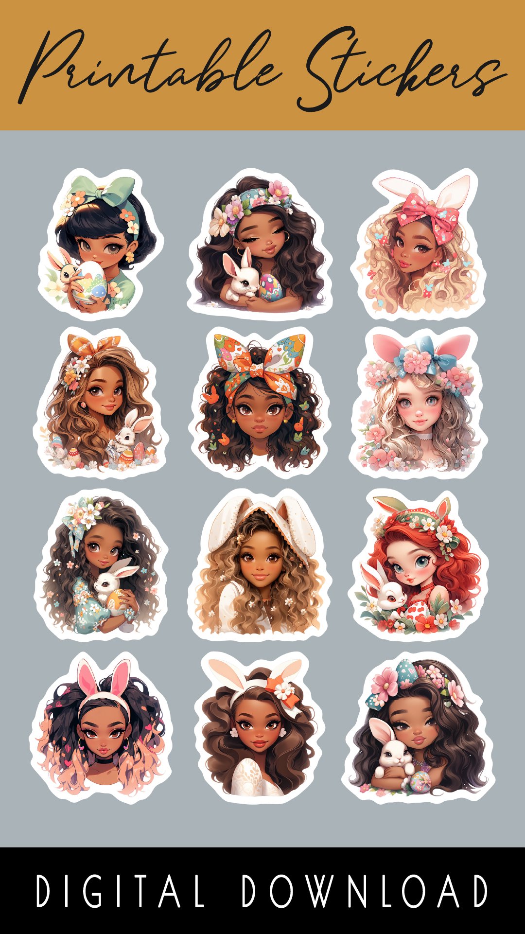 Easter Printable Stickers, Easter Bunny Girl Stickers Bundle