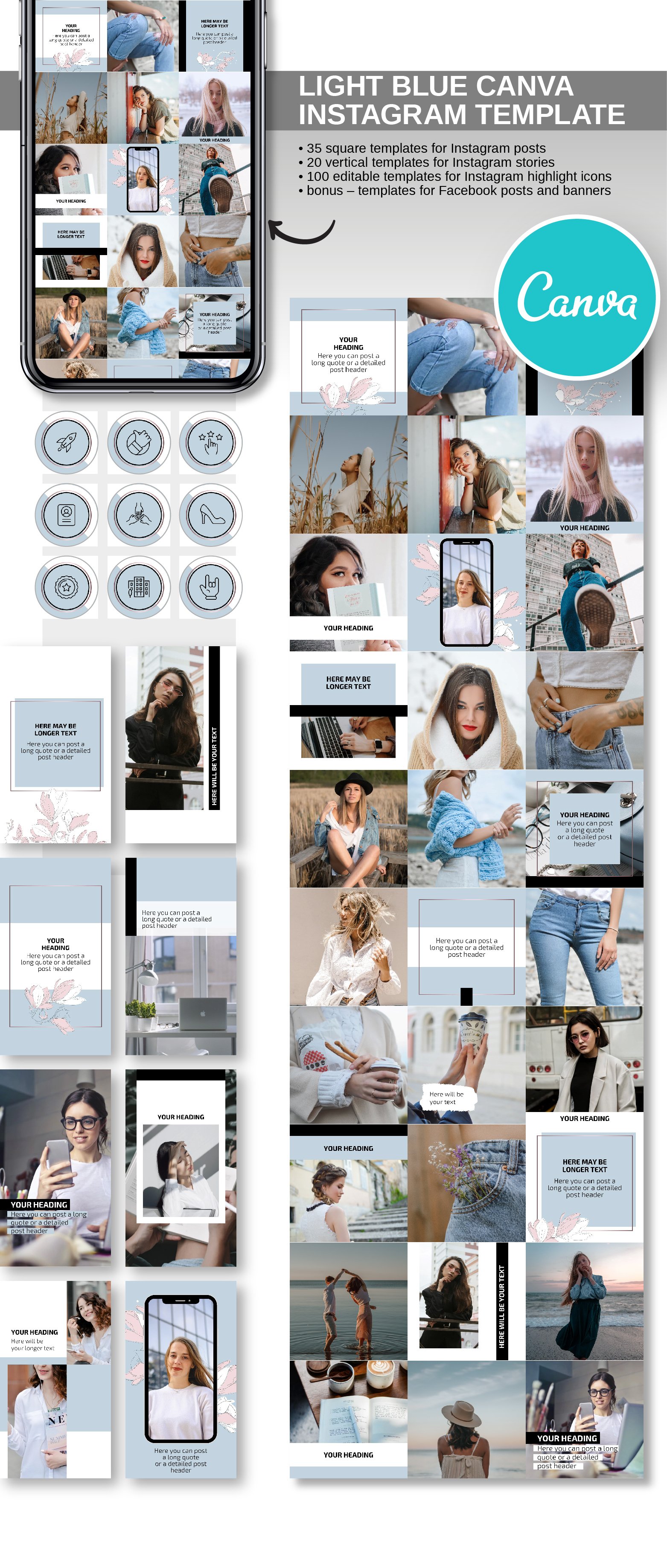 Blue CANVA Template for Instagram highlights icons, stories