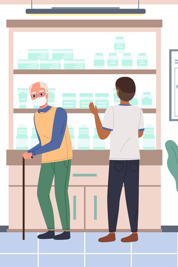 Pharmacy counter queue. People and pharmacist in medical mas