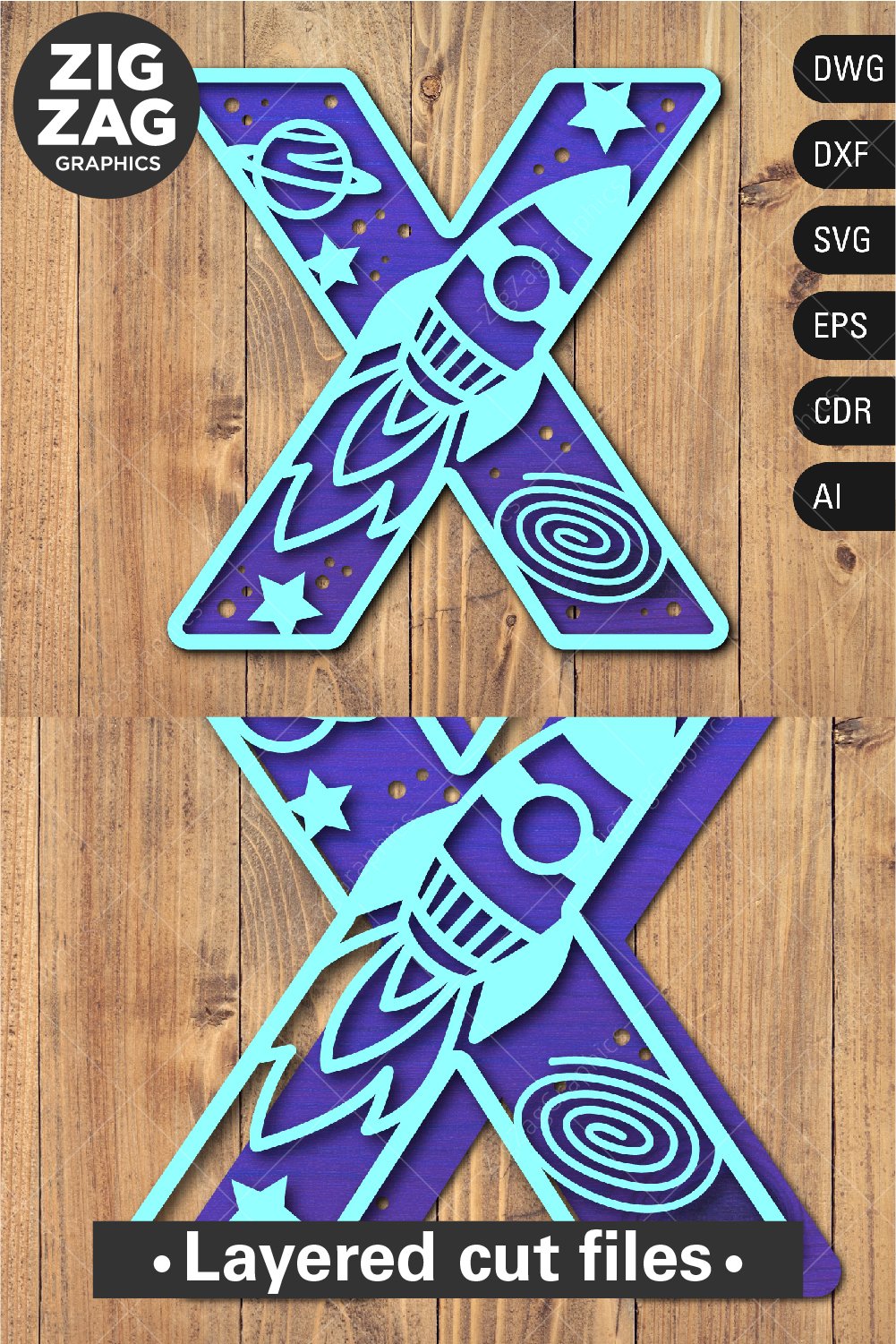 layered kids letter X with space rocket astronaut and stars