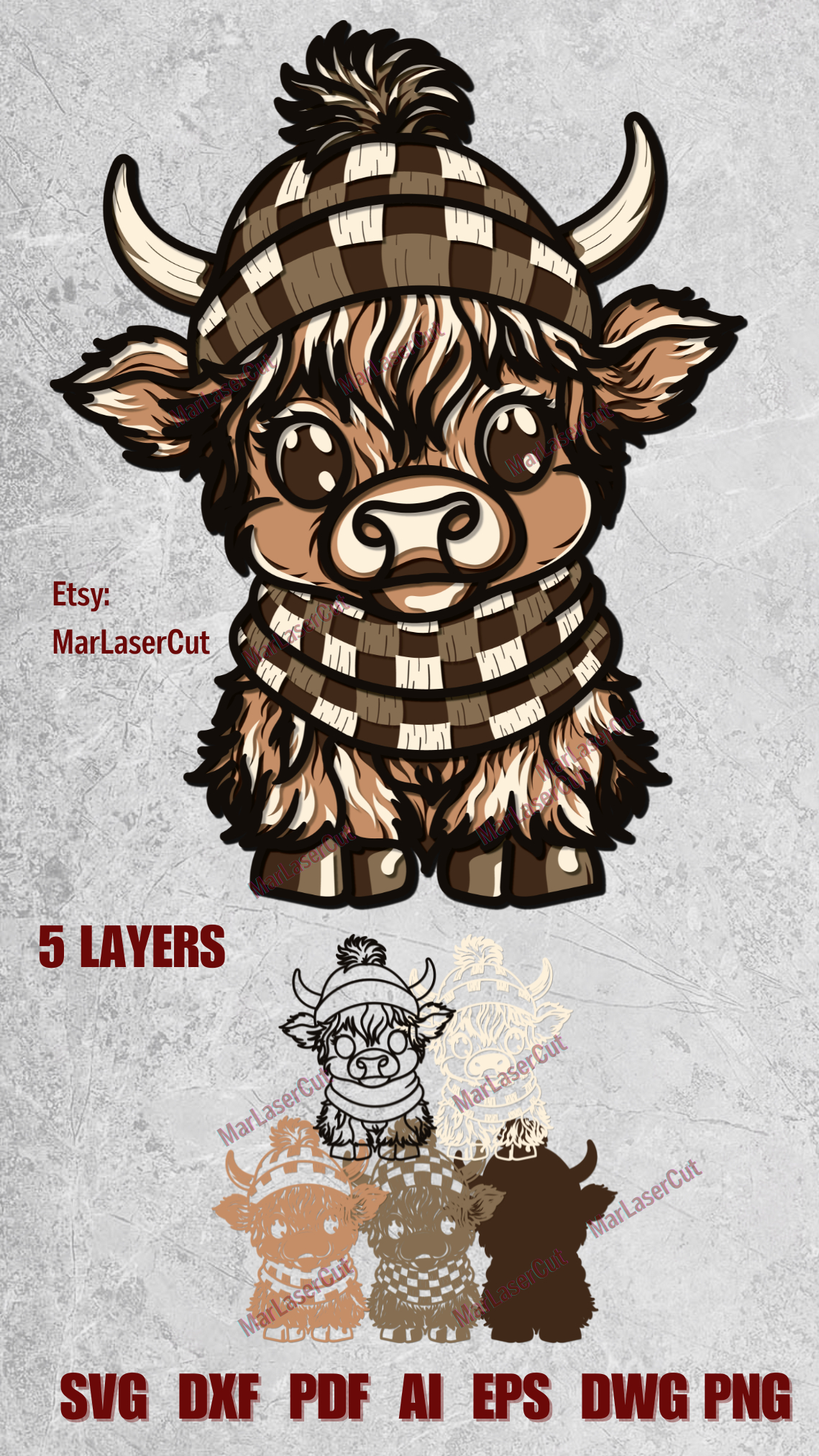 Multilayer Highland Cow SVG Laser Cut File 3D Layered DXF