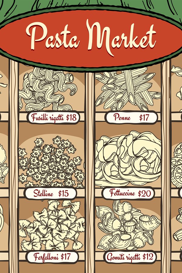 Different types of pasta with prices