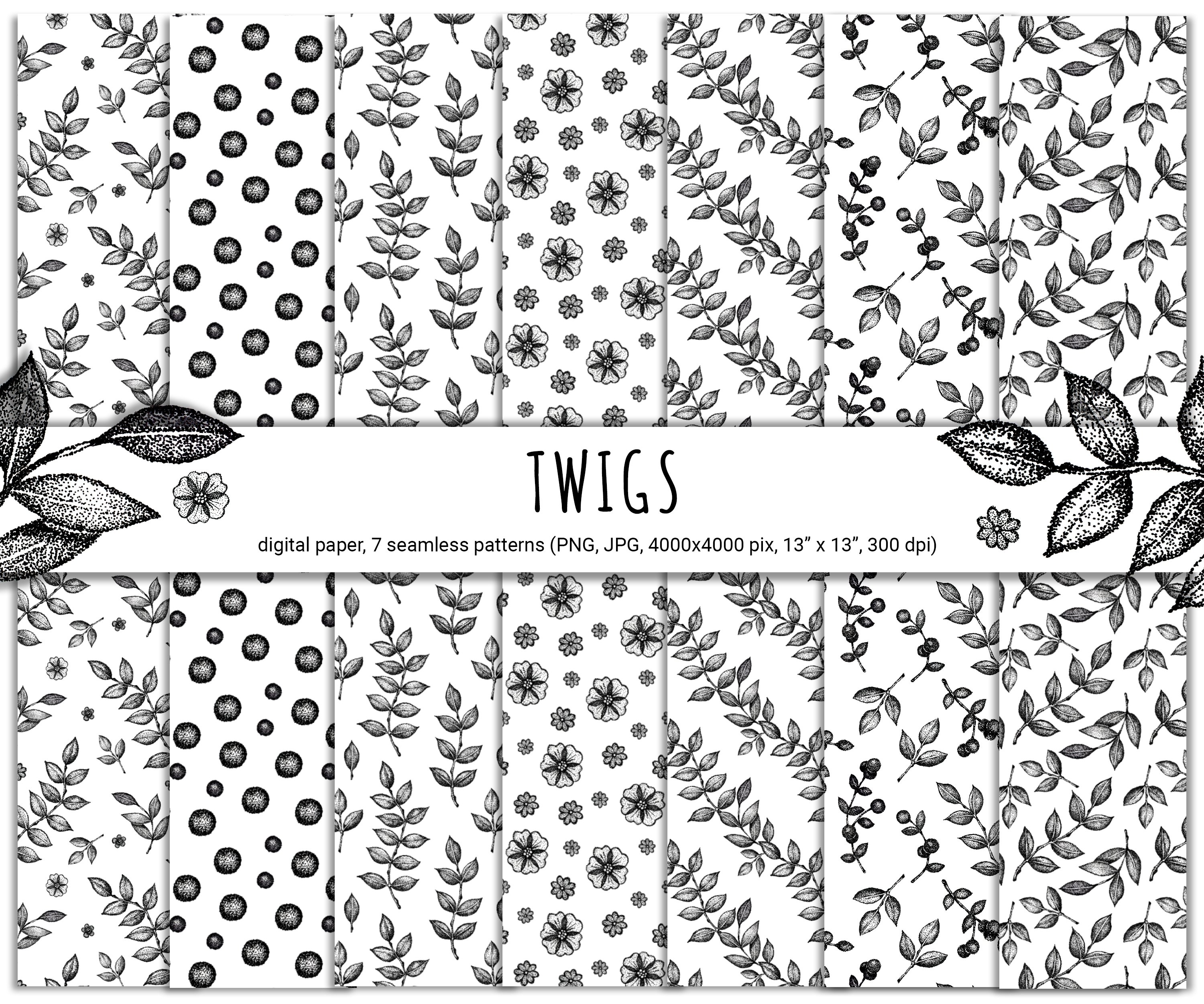 Black white floral digital paper, leaves, twigs, flowers