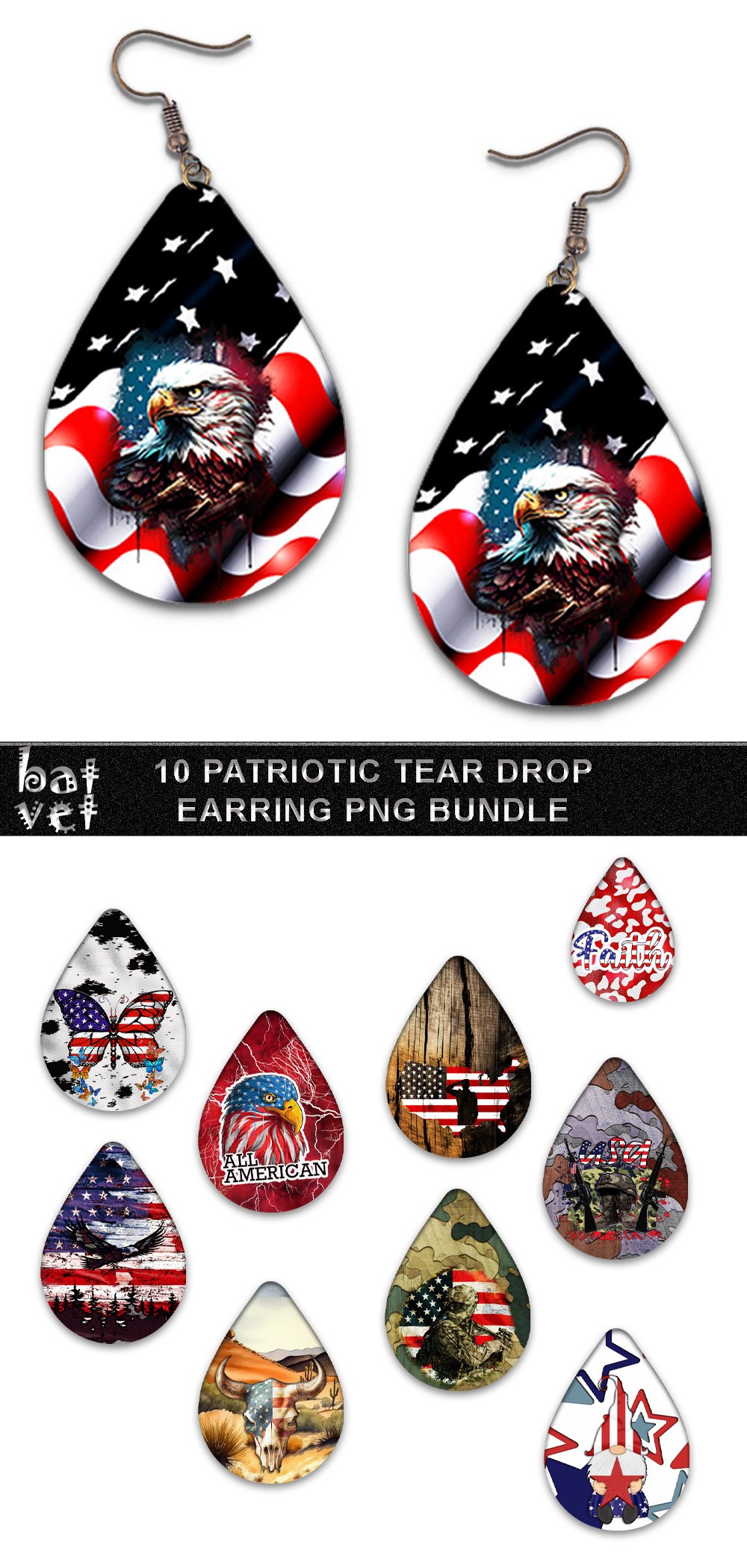 Patriotic Sublimation Tear Drop Earring Bundle PNG Design