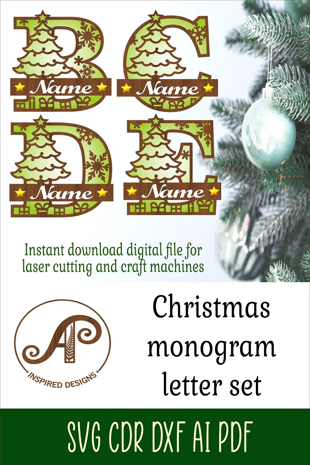 Christmas monogram letter bundle Name signs SVG 3 layer