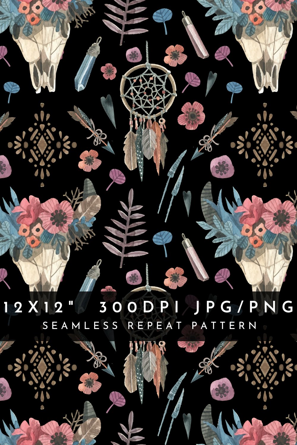 Boho Seamless Skull with Flowers Seamless Pattern Floral