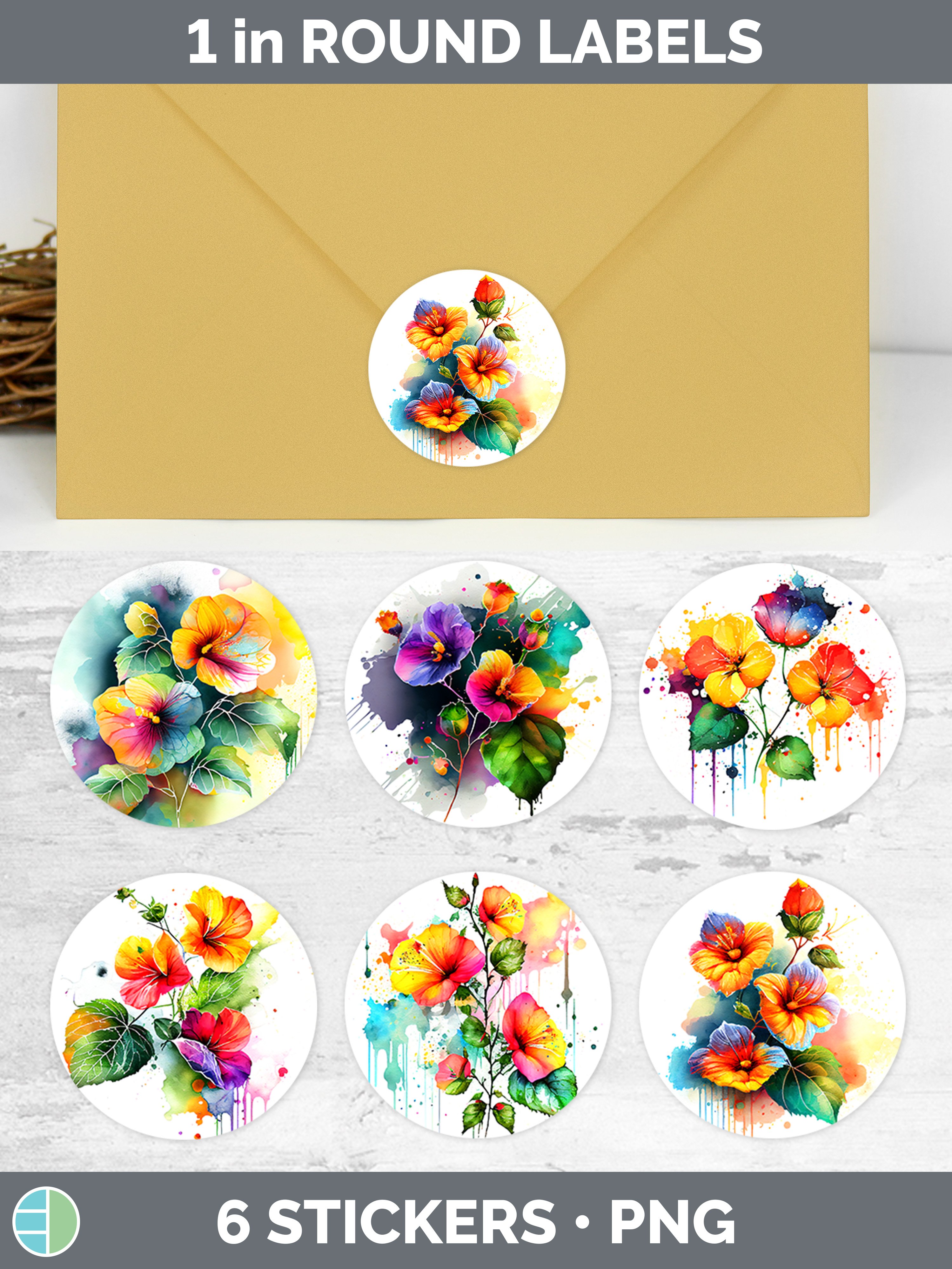 Rainbow Abutilon Flowers Stickers | Round Labels Designs Bun