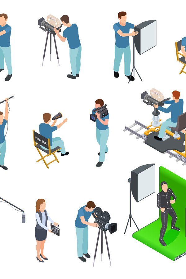 Cinematograph isometric set. People work camera light crew m