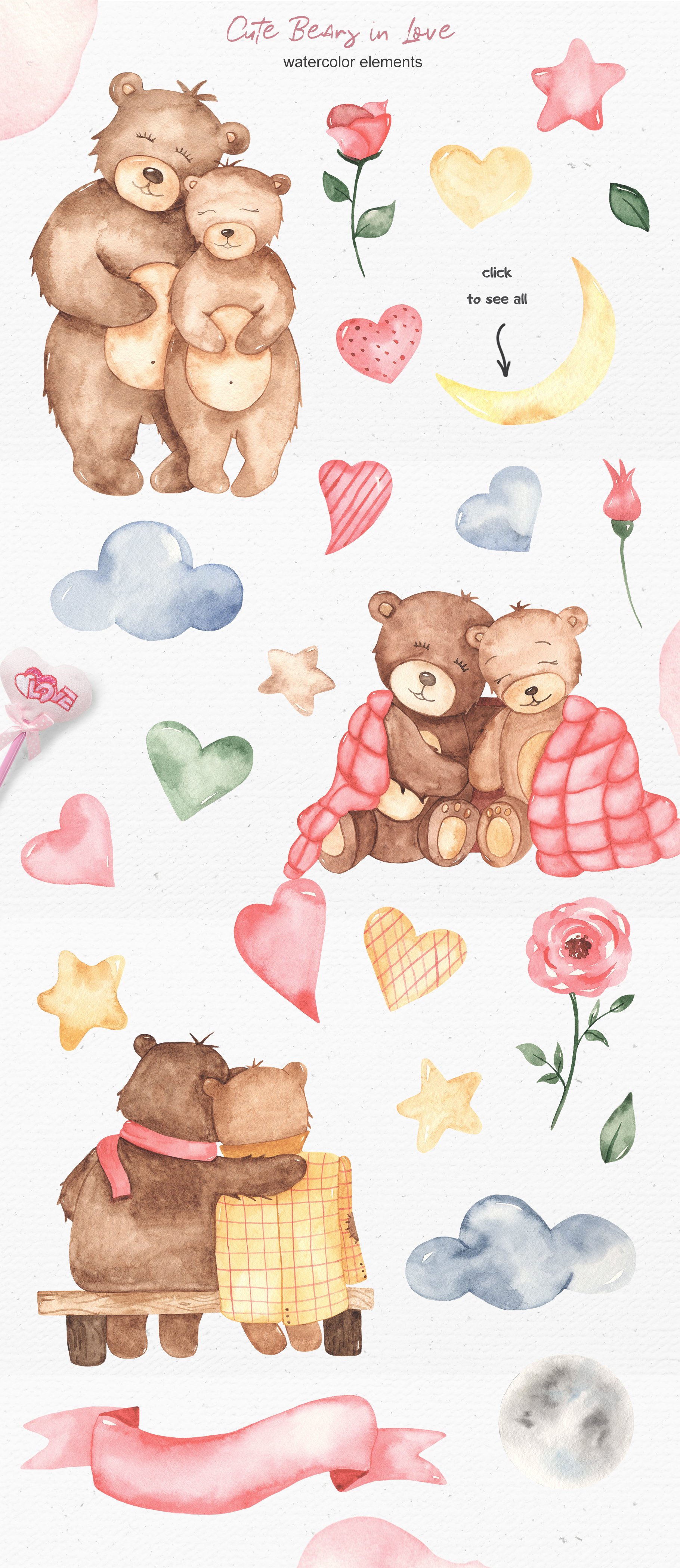 Cute bears in love. Watercolor clipart, cards, patterns