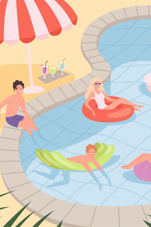 Swimming pool. Happy characters family couples relax on the