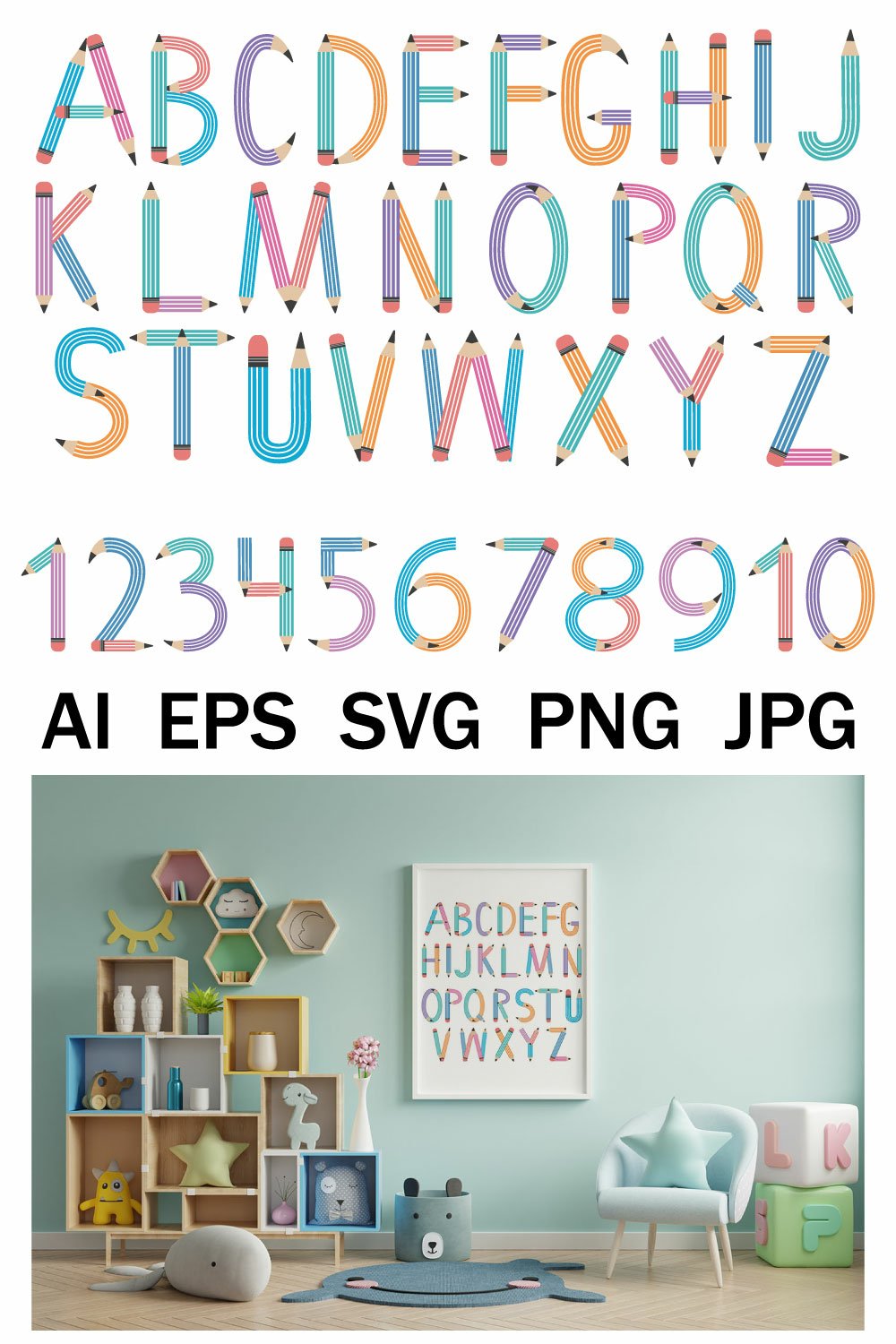 Alphabet, letters and numbers from svg pencils, clipart