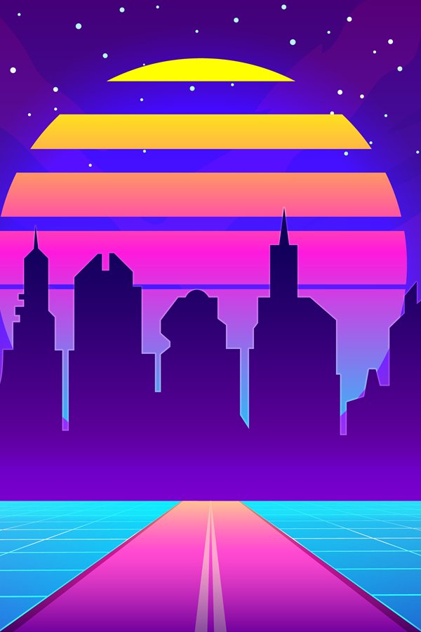 Retro 80s futuristic city landscape with sunset, grid and hi