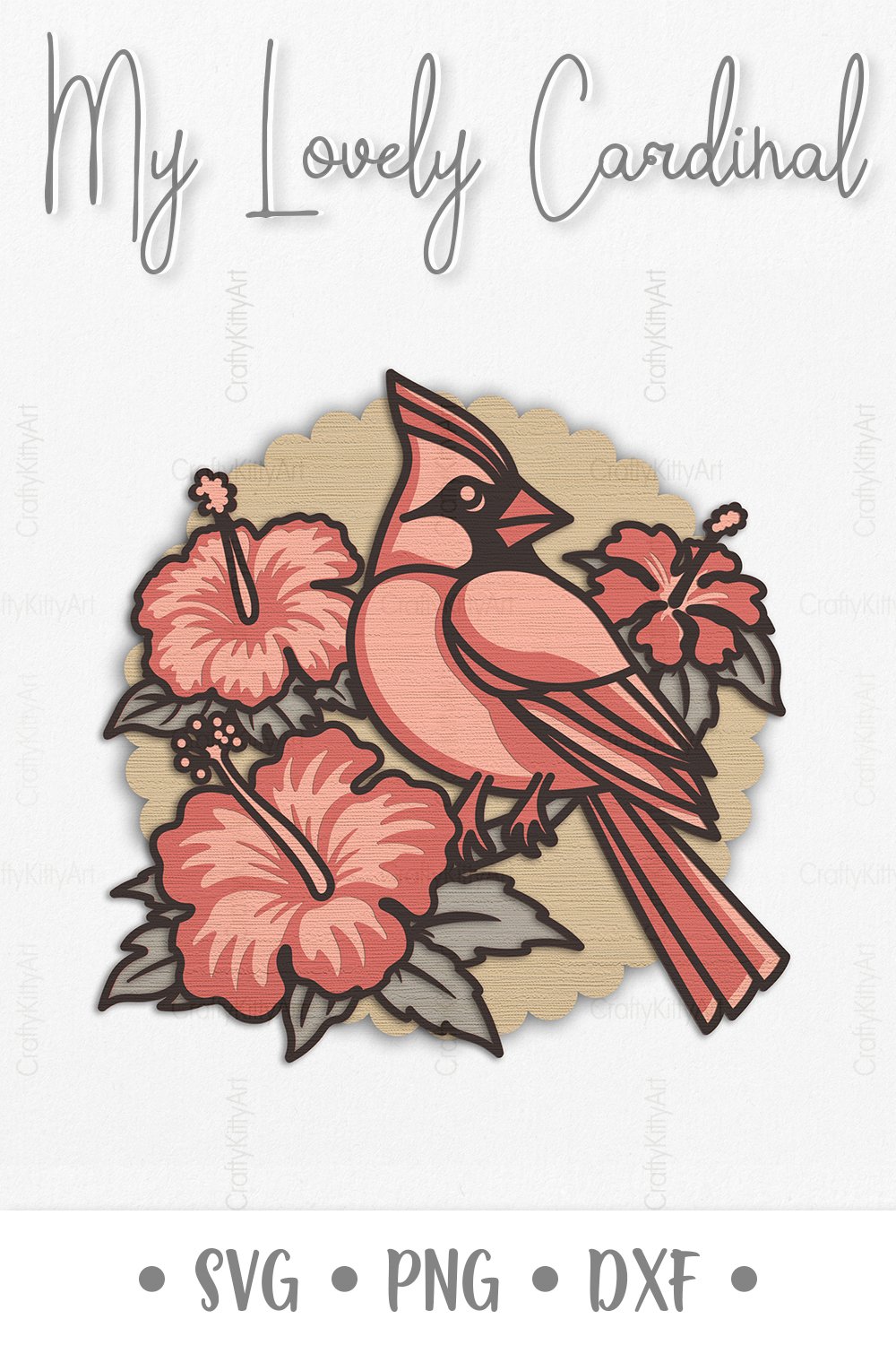 3D Cardinal SVG, layered red cardinal bird & hibiscus flower