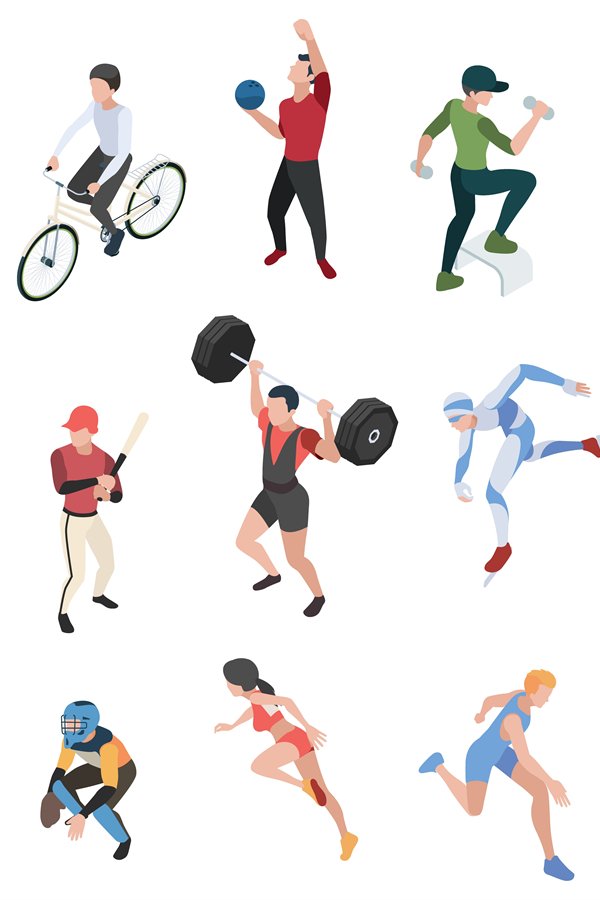 Diverse isometric sport characters. Runner, tennis player, b