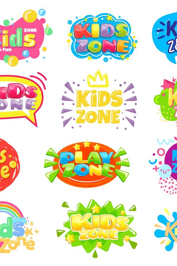 Kids zone badges. Kid play room label, colorful game area ba