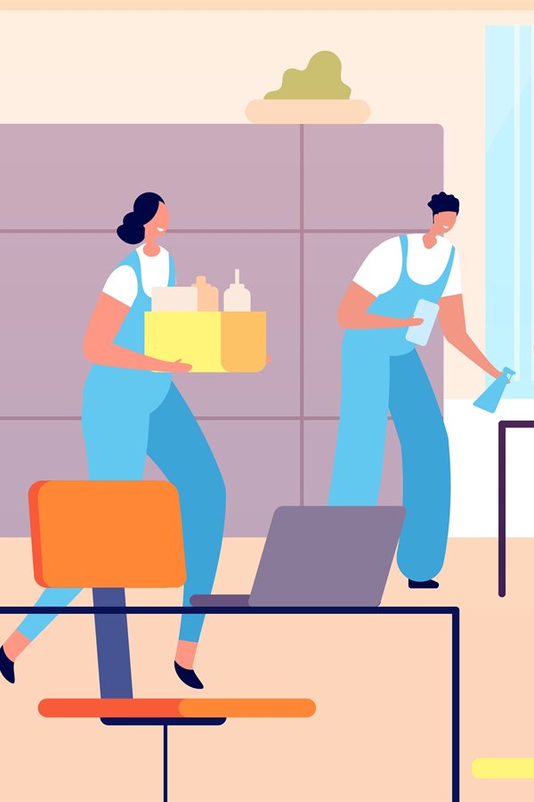 Cleaning workers in office. Cartoon woman clean, professiona