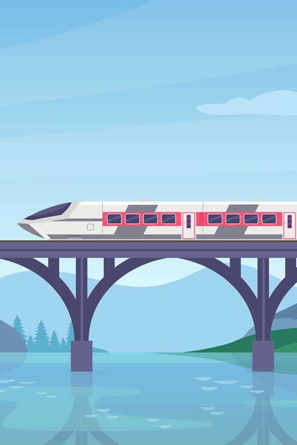 Train on bridge. Mountain landscape with speed electric trai