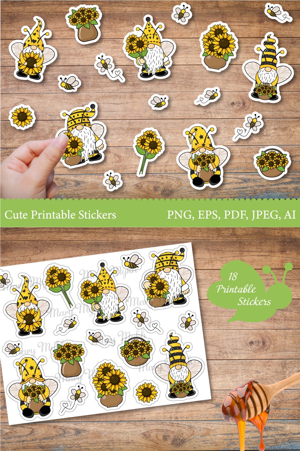 Gnomes and sunflowers, bees stickers / Stickers for printing