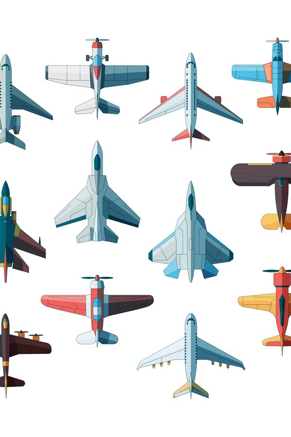 Planes top view. Jet military aircraft vector flat pictures