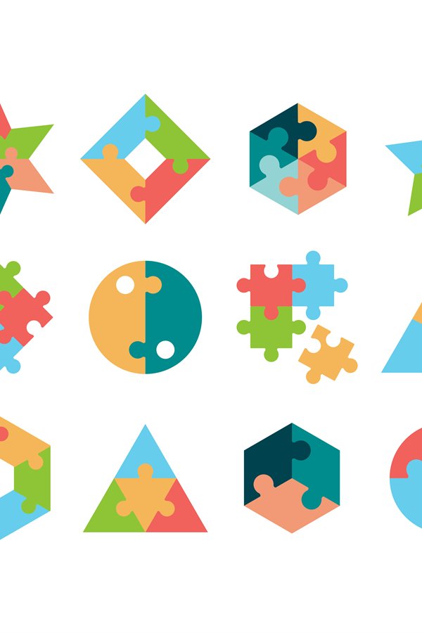 Puzzle. Jigsaw pieces various geometrical forms round and sq