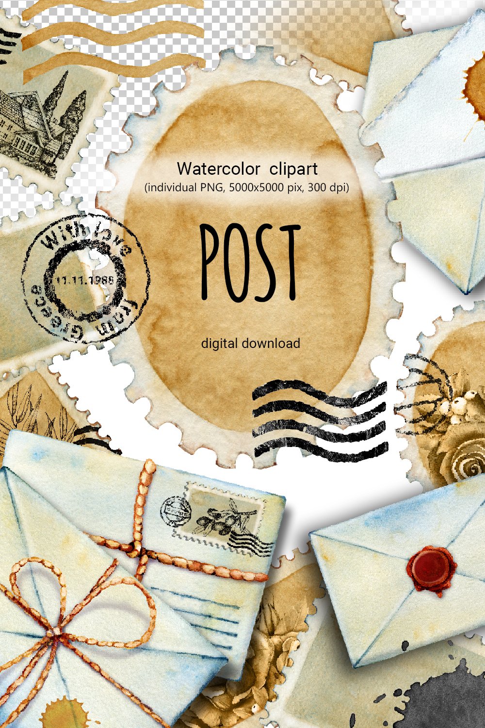 Postal watercolor clipart, blank postage stamps, envelope