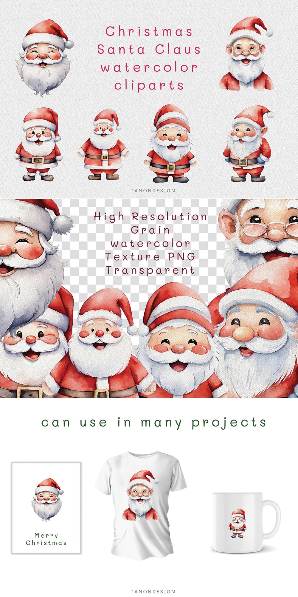6 Christmas Santa Claus watercolor clip art PNG