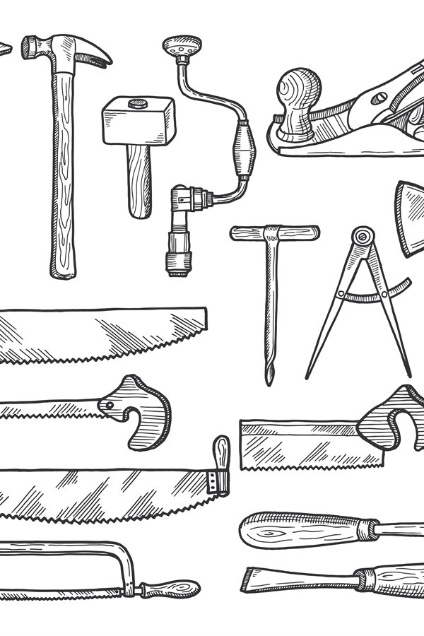 Tools in carpentry workshop. Vector hand drawn illustration