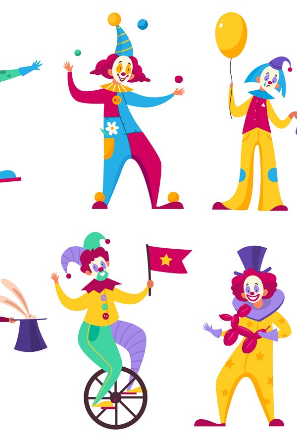 Funny clowns. Circus comedians with colorful costumes collec