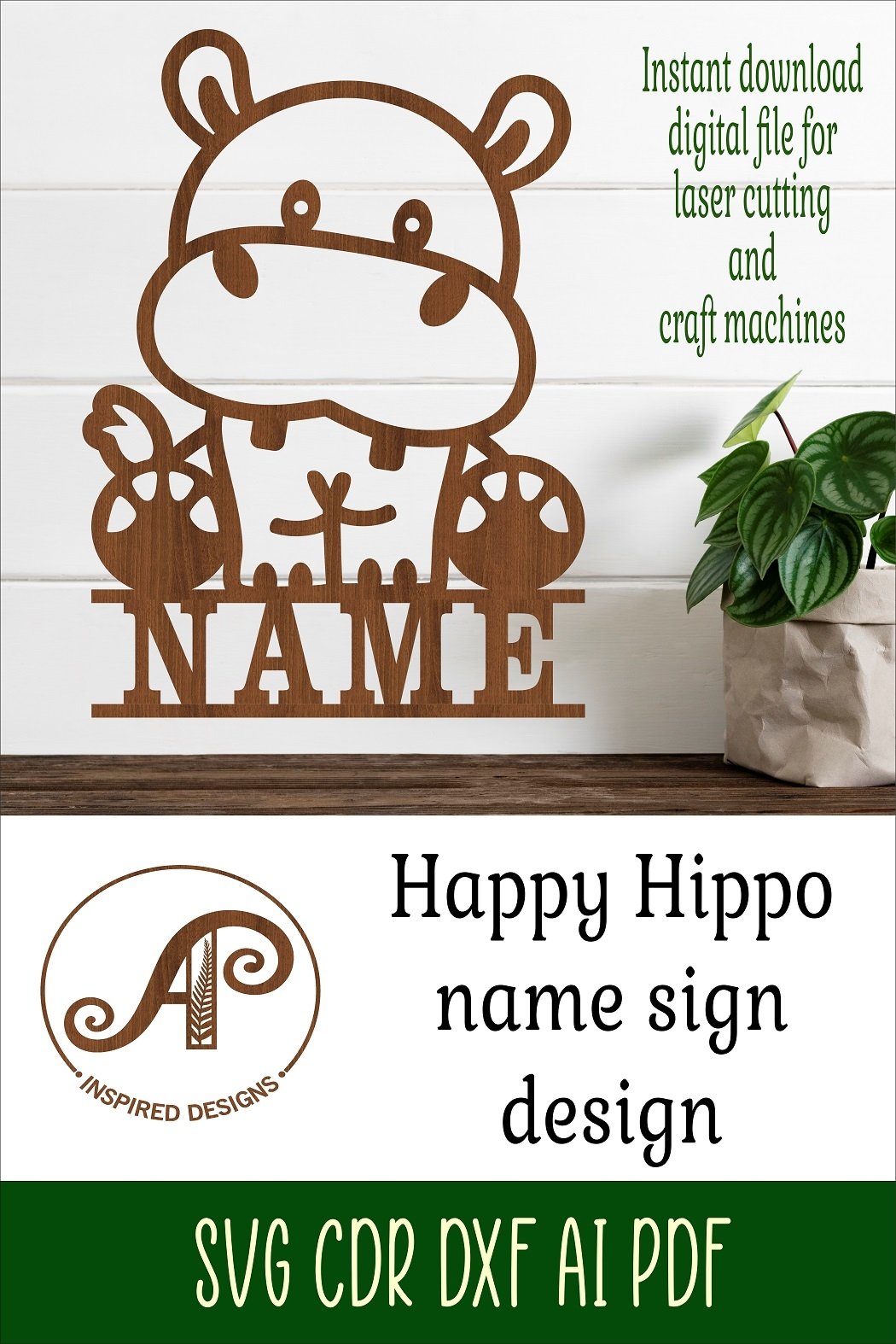 Hippo Name sign svg laser cut template, wall art