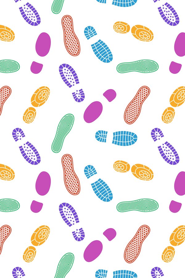 Seamless footprints. Color shoes prints, different soles tra