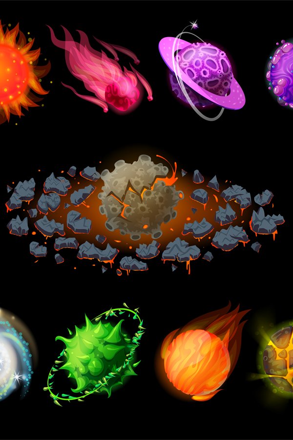 Space planets. Cartoon Universe elements, fire stones, ice c