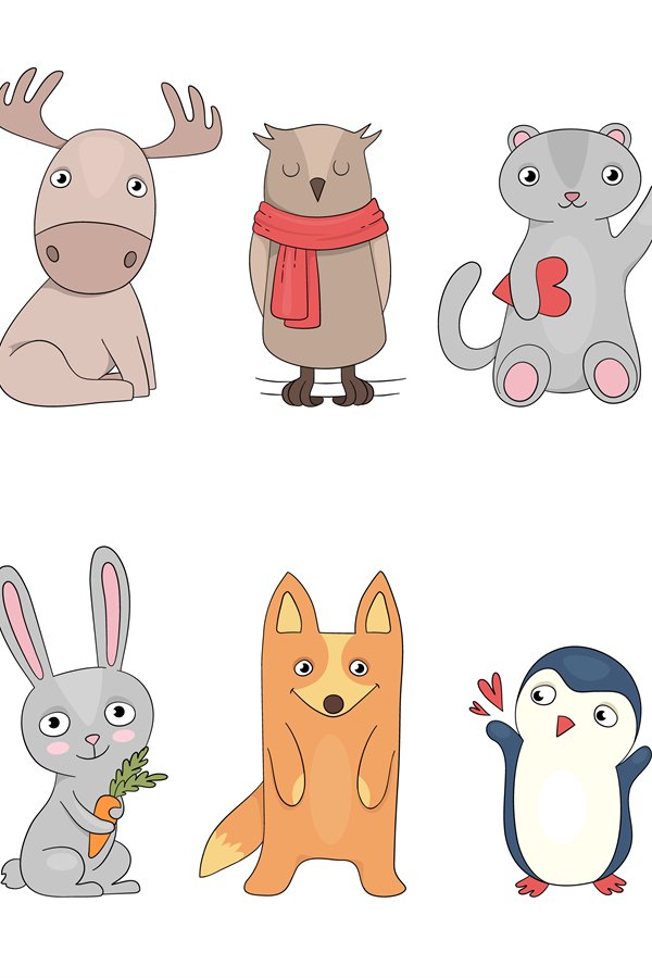 Cute animals. Owl hedgehog tiger panda rabbit vector hand dr