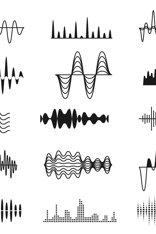 Sound amplitude waves. Radio signal symbols. Audio music equ