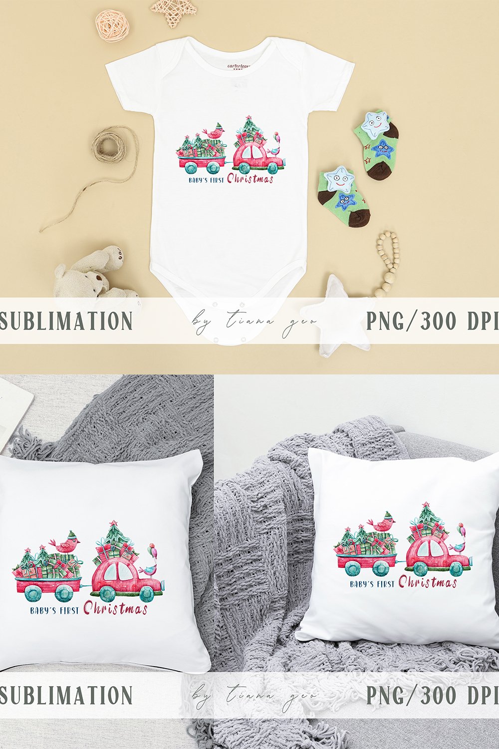 Watercolor cute Babys first Christmas red truck sublimation