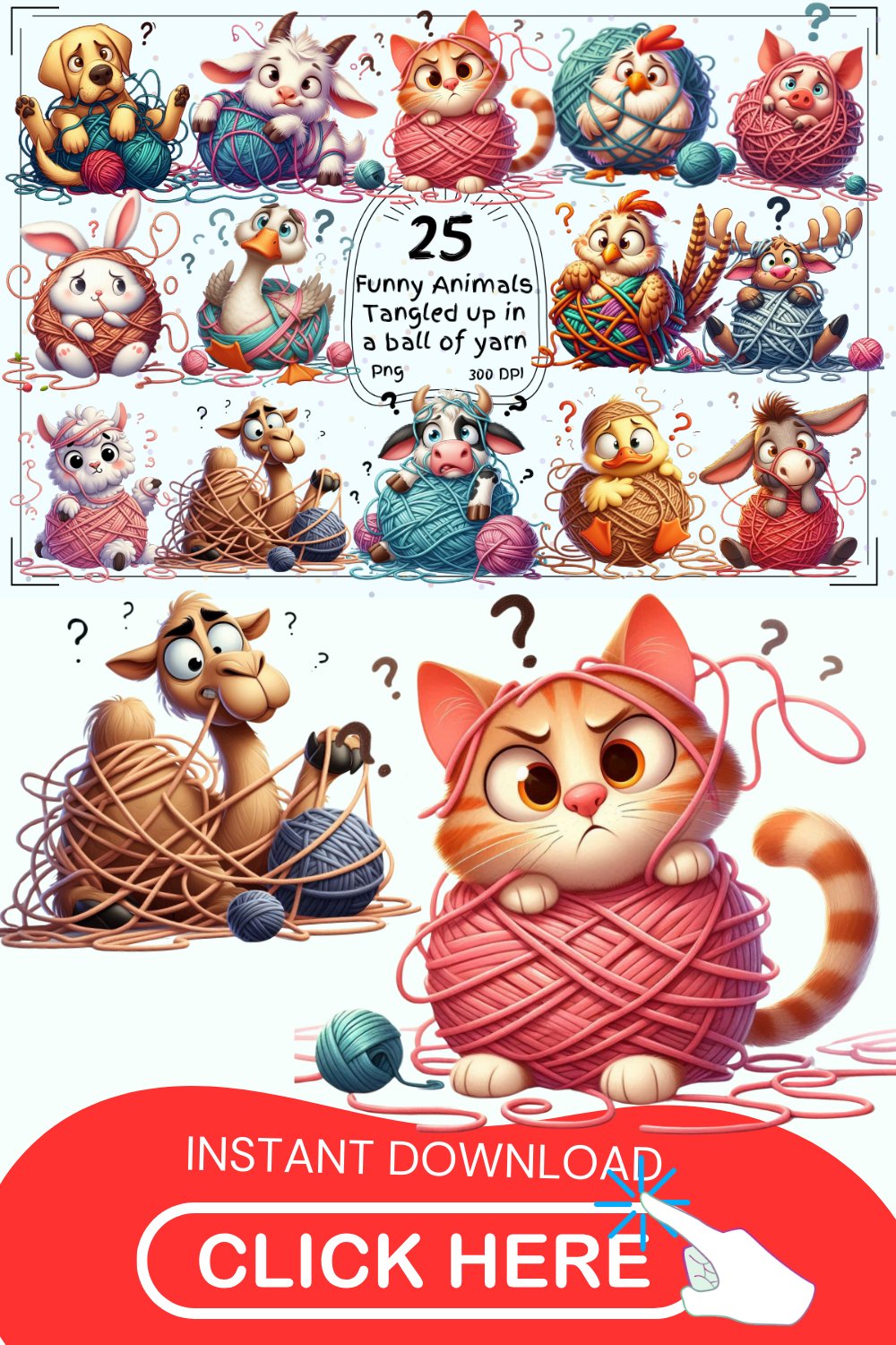 25 Animals Tangled in Yarn Clipart Collection