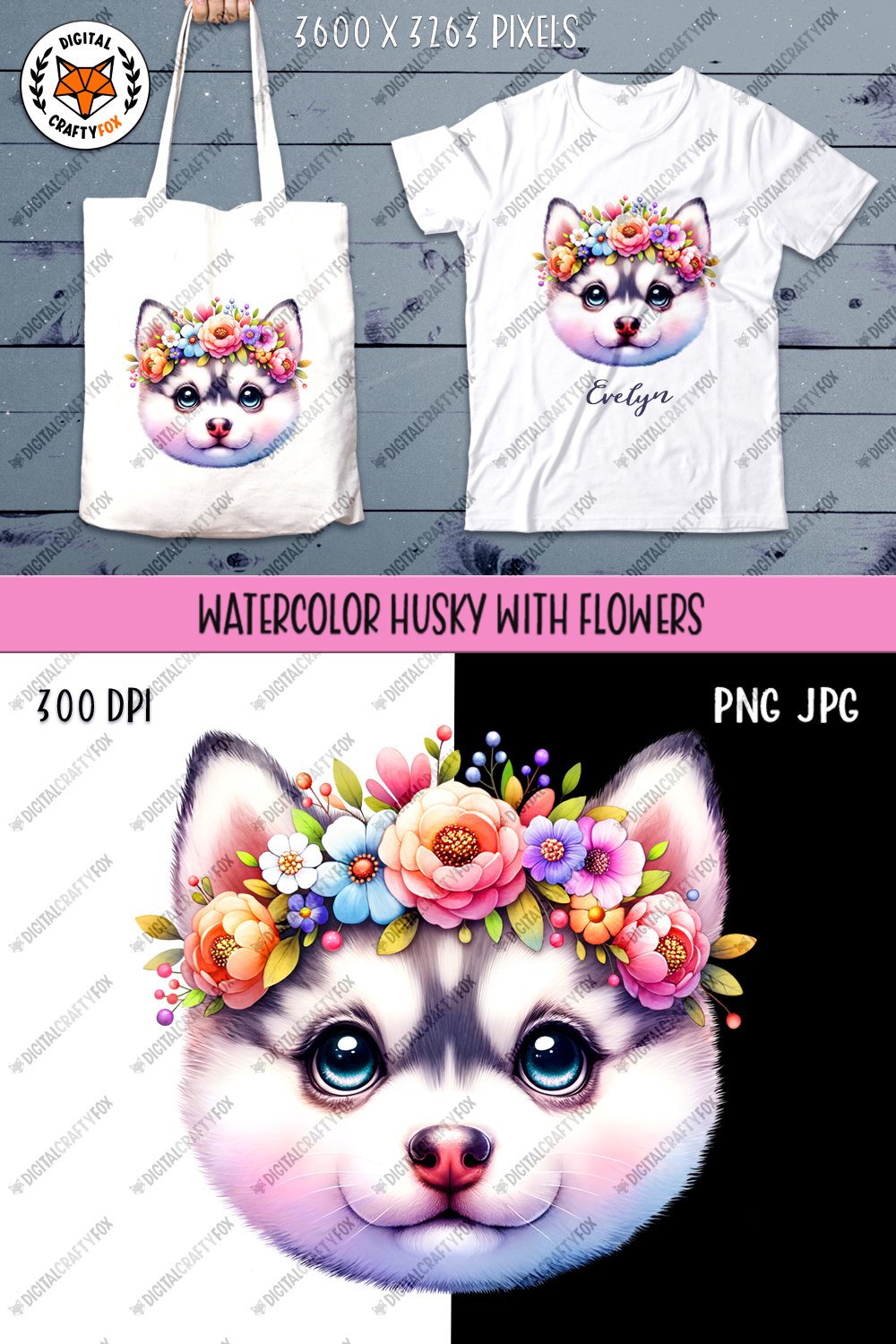 Husky Png, Watercolor Husky with Flower Wreath, Dog PNG