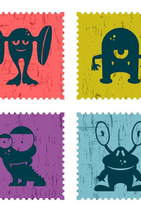 Set of retro postage stamp with funny monsters. Cartoon illu