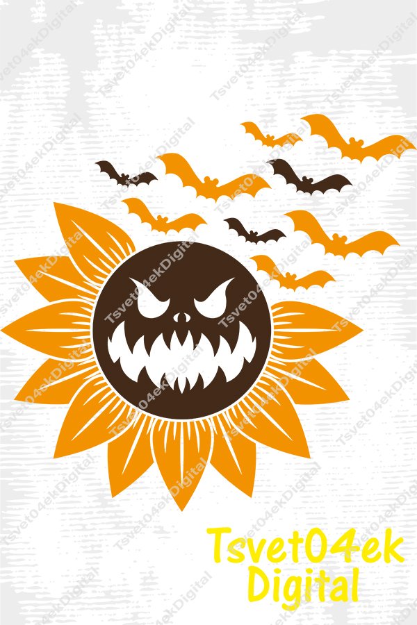 Halloween pumpkin sunflower with bats illustration