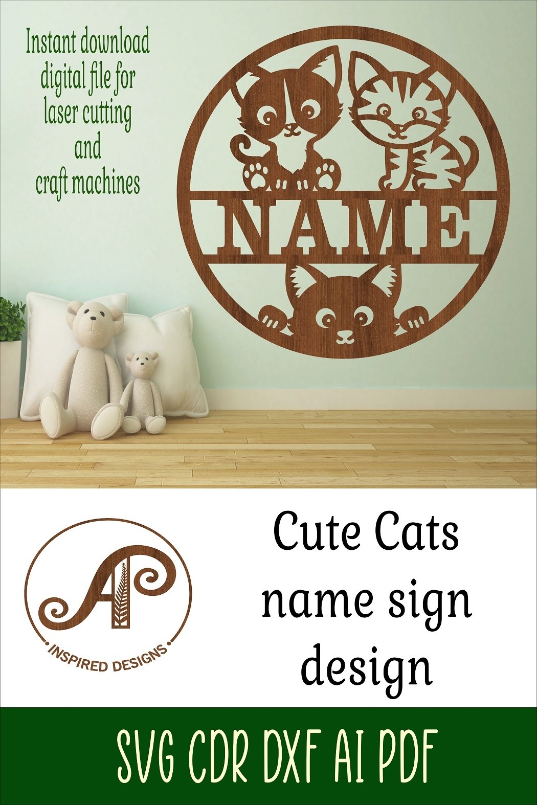 Cute Cat name sign svg laser cut template (2684568)