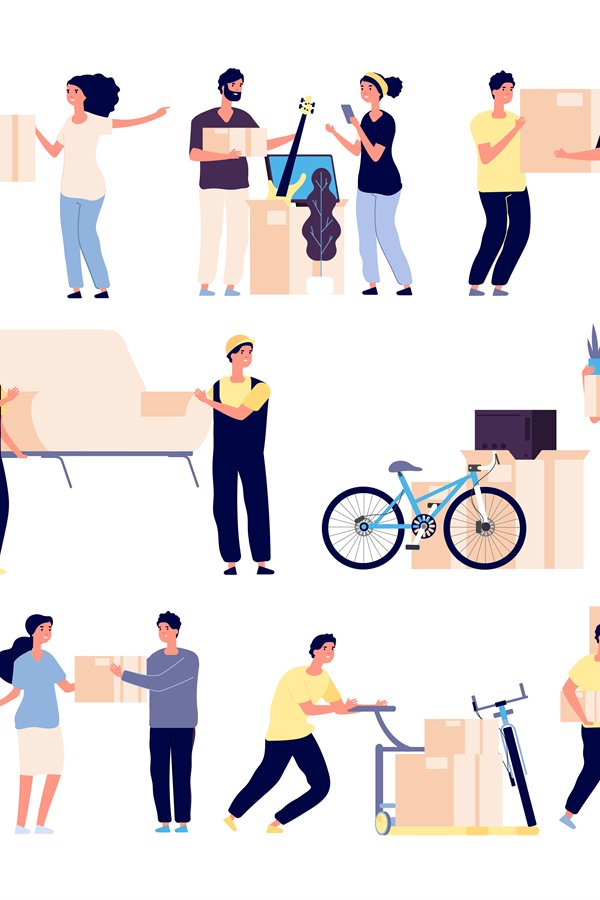 People moving new house. family moves new home with loaders,