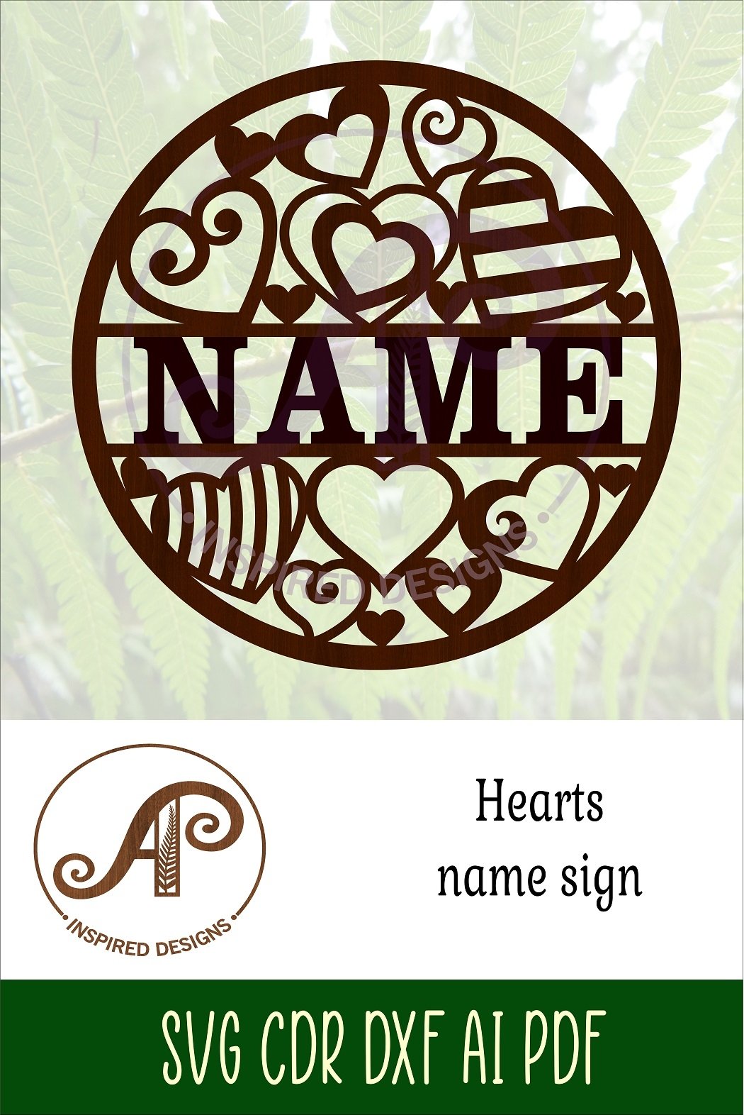 Hearts name sign svg laser cut template