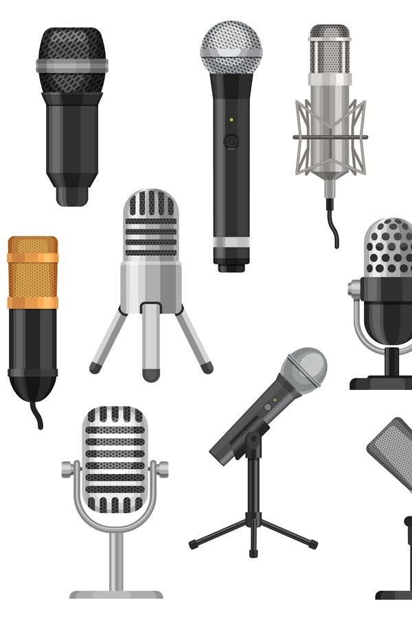 Cartoon studio microphones. Broadcast, voice and music audio