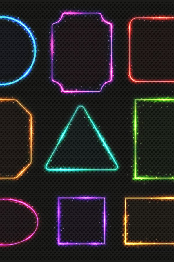 Multicolored neon vector border frames. Simple shapes of lig