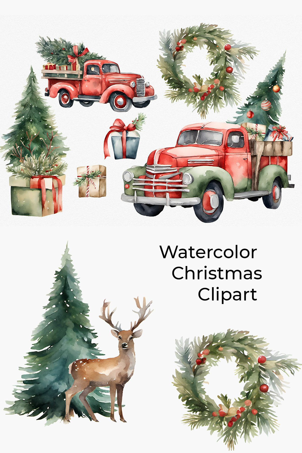 Watercolor Retro Christmas trucks, gifts, trees and balls